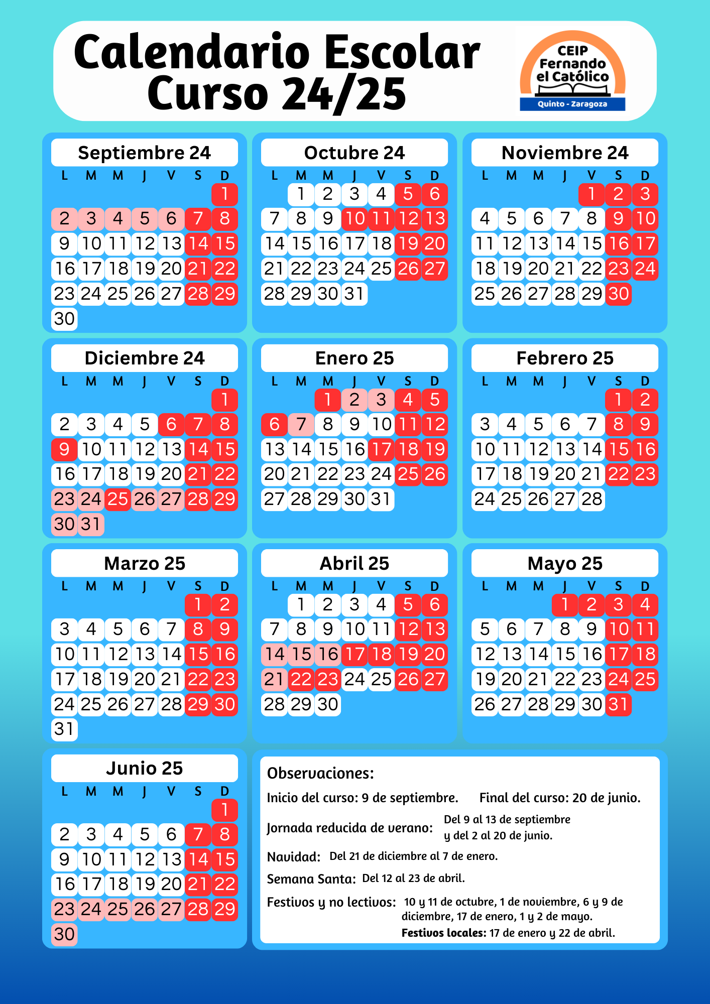 Calendario y Horario – CEIP Fernando el Católico – Quinto